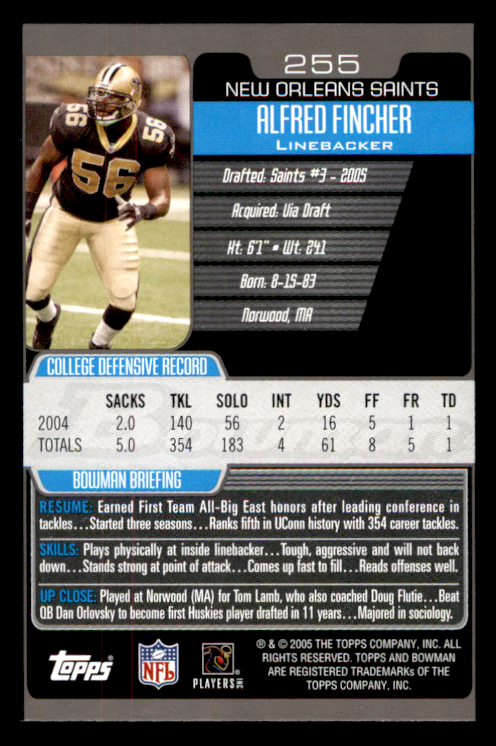 2005 Bowman Alfred Fincher RC #255 New Orleans Saints | eBay