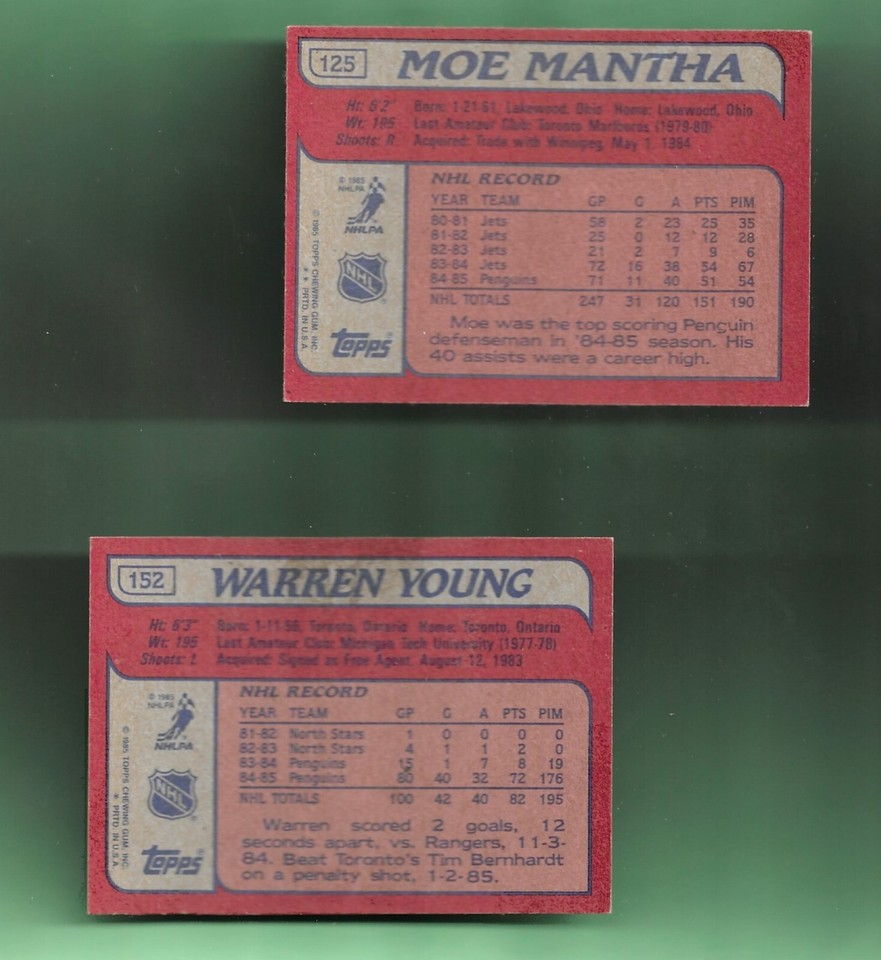 BOTH! 1985-86 Topps WARREN YOUNG RC # 152 MOE MANTHA # 125 PITTSBURGH ...