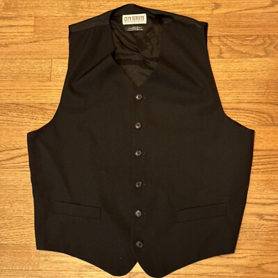 Vintage City Streets Vest Mens Large Black Poly Suit 6 Button Waistcoat ...