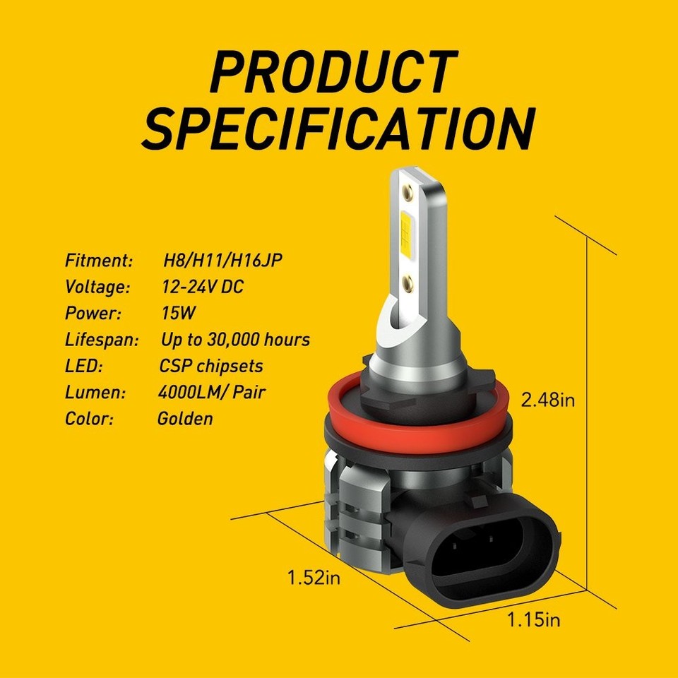 H11 H8 LED Bulbs 3000K Golden Yellow Super Bright Fog Light DRL Hi ...