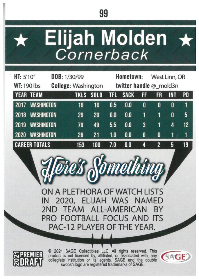 2021 SAGE Premier Draft #99 Elijah Molden Washington Huskies | eBay