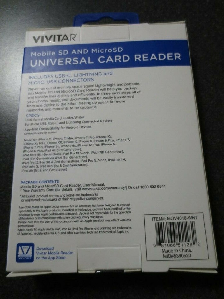 Vivitar Mobile SD & MicroSD Universal Card Reader White MOV4016-WHT TWO ...