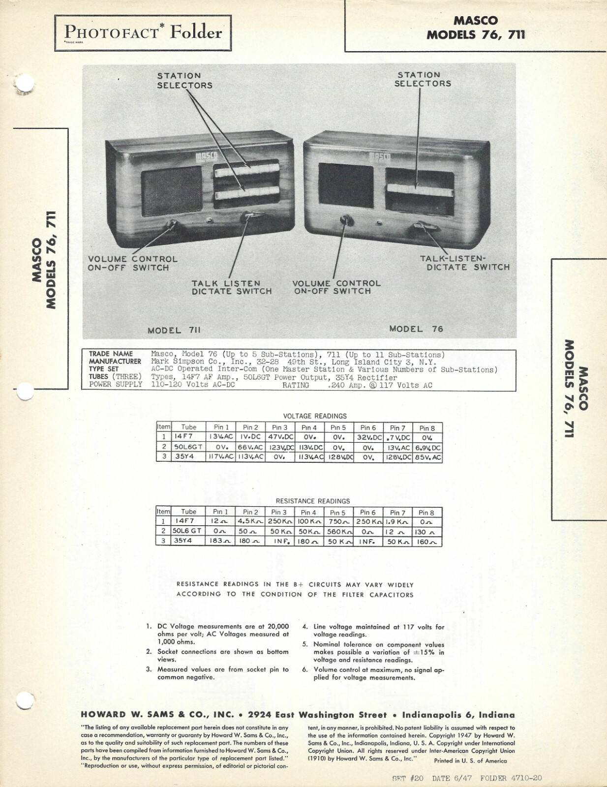 Sams Photofact Folder Radio Parts Manual Schematic MASCO Models 76 711 ...