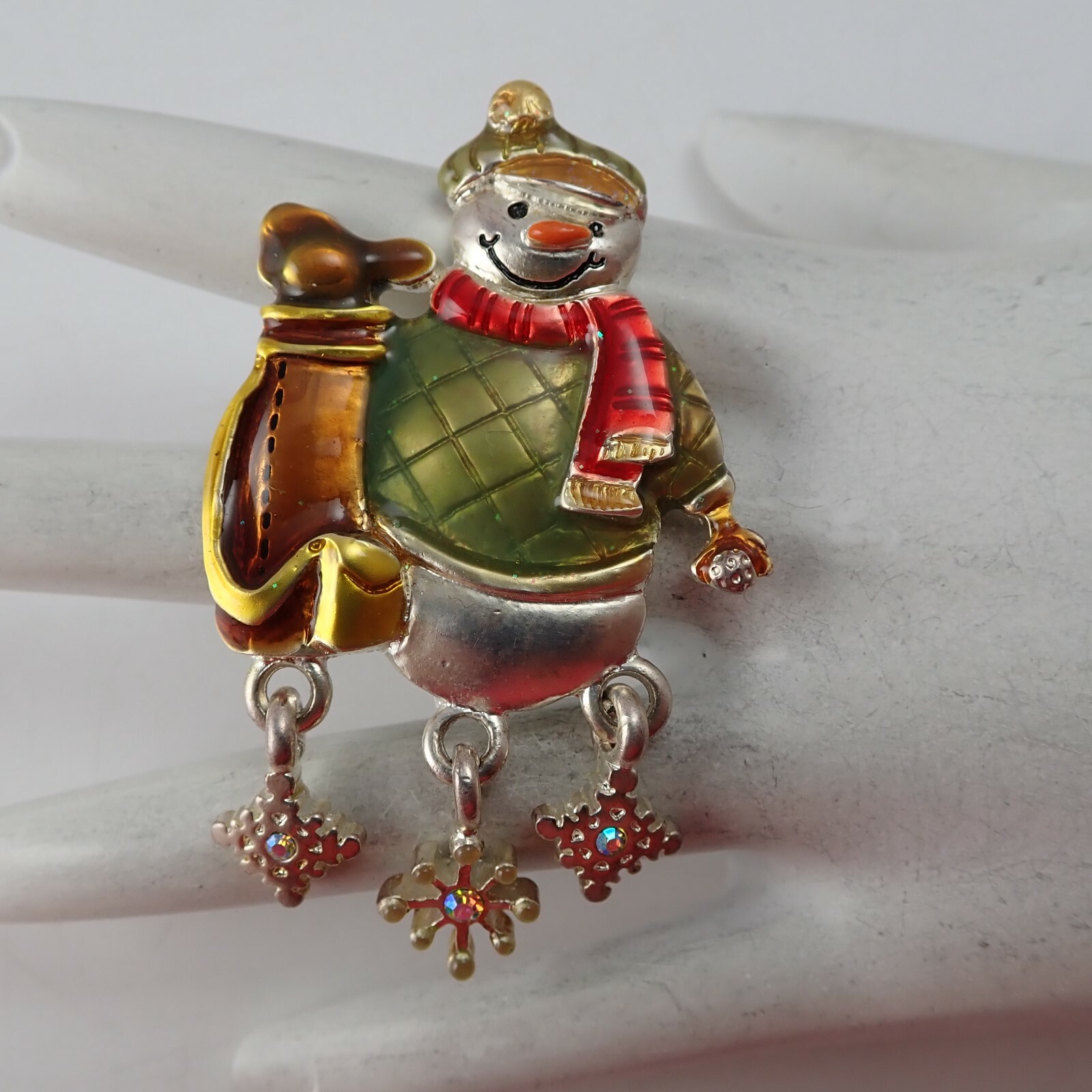 Vintage Silver Tone Snowman Gold Caddy Dangle Charm Pin Brooch By AJMC ...