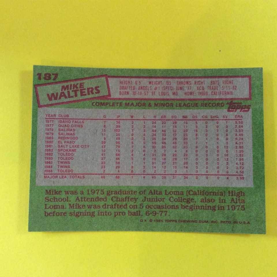 1985 Topps #187 Mike Walters Minnesota Twins | eBay