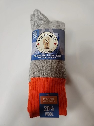 NEW Polar Heat thermal socks 3 pair Wool 20% Wool Grey/Orange Sz 7-12 ...