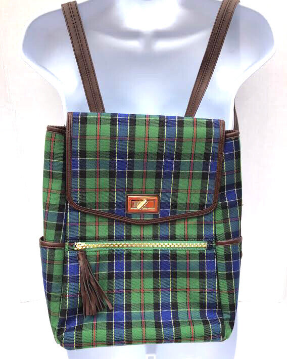 Green wool plaid tartan + brown leather gold metal Preppy backpack bag ...