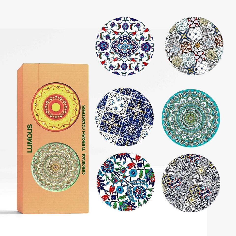 Drink Coasters Set Of 6 Turkish Moroccan Design Round Coaster Tea ...
