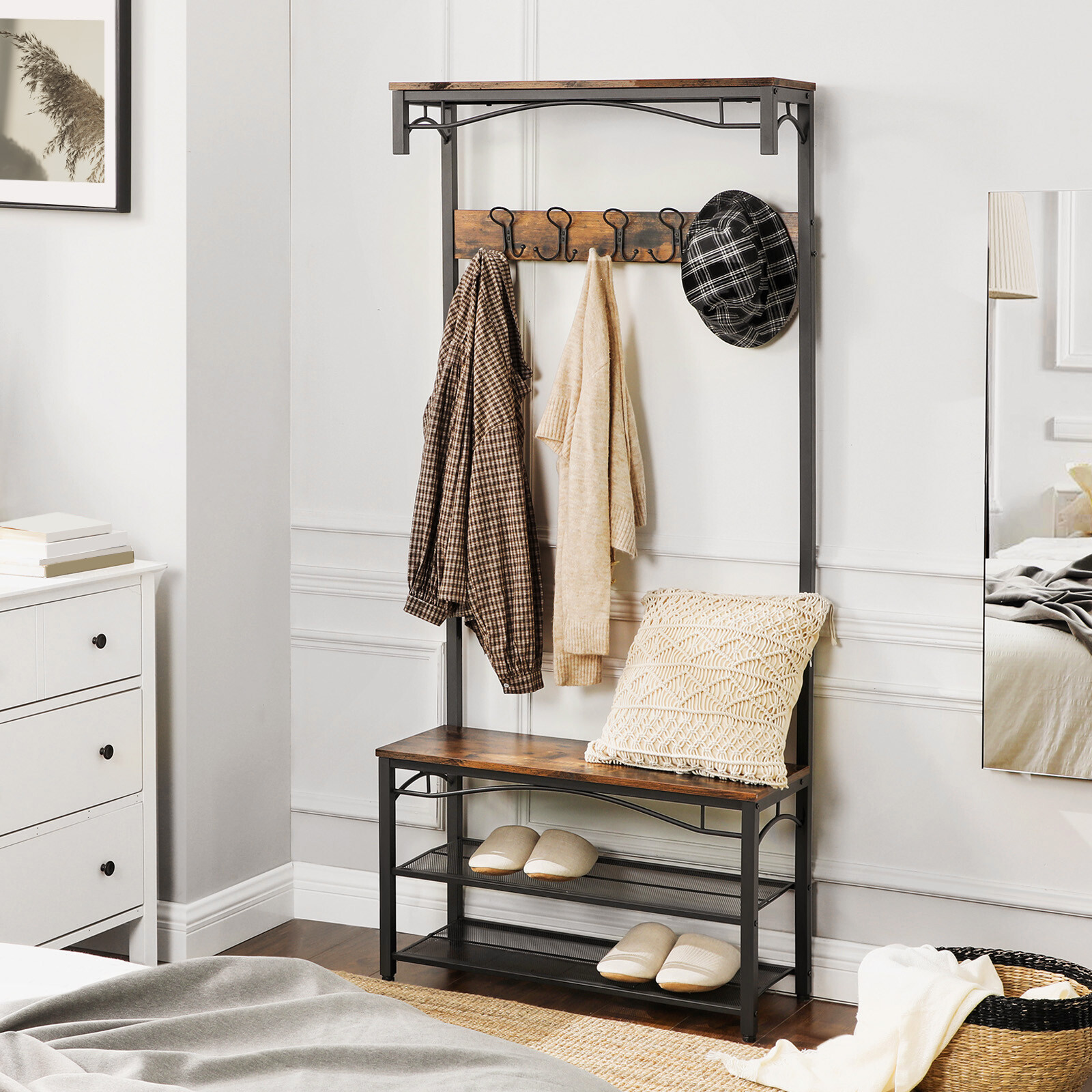 Hall Tree Hat and Coat Stand Hallway Shoe Rack Bench with Shelves Hooks ...