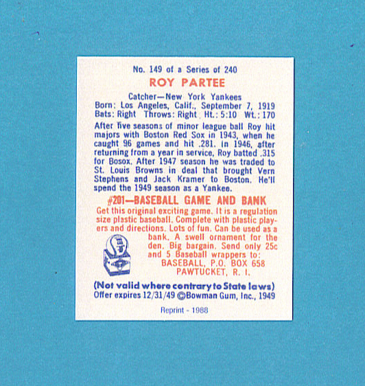 1949 Bowman Reprint #149 Roy Partee Card - New York Yankees | eBay