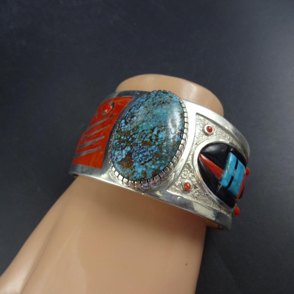 MICHAEL PERRY Navajo TURQUOISE and CORAL Sterling Silver YEI Cuff ...