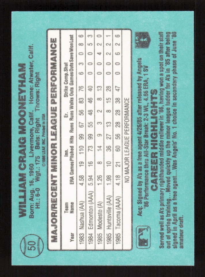 1986 Donruss The Rookies #50 Bill Mooneyham Rookie Oakland Athletics | eBay