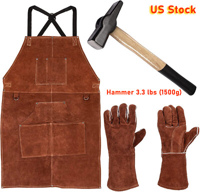 Blacksmith Hammer &Welding Gloves &Leather Work Shop Apron Heat/Flame ...