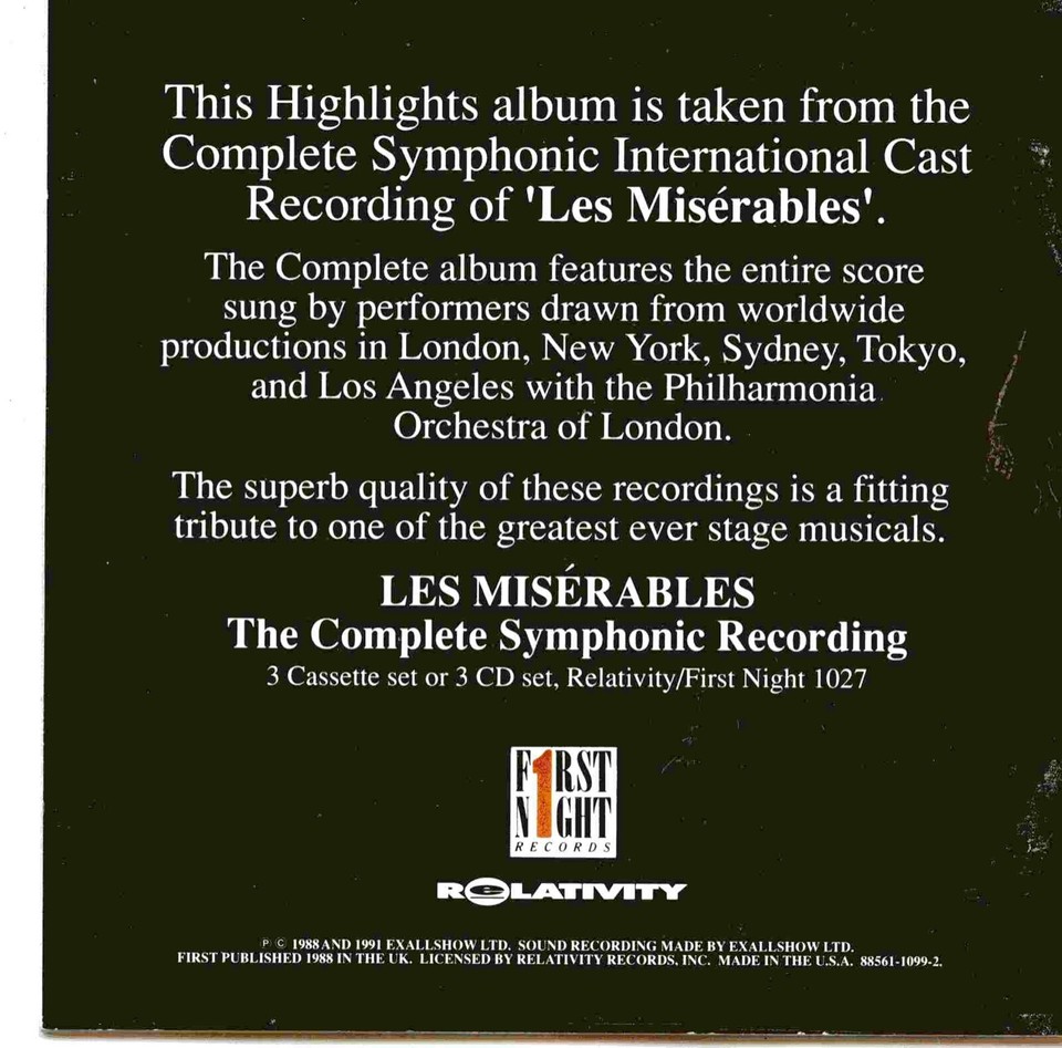 Les Miserables, Highlights From the Complete Symphonic Cast Recording ...