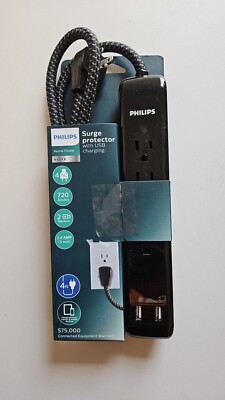 Philips 4-Outlet Surge Protector w/2 USB Ports & 4' Braided Cord ...