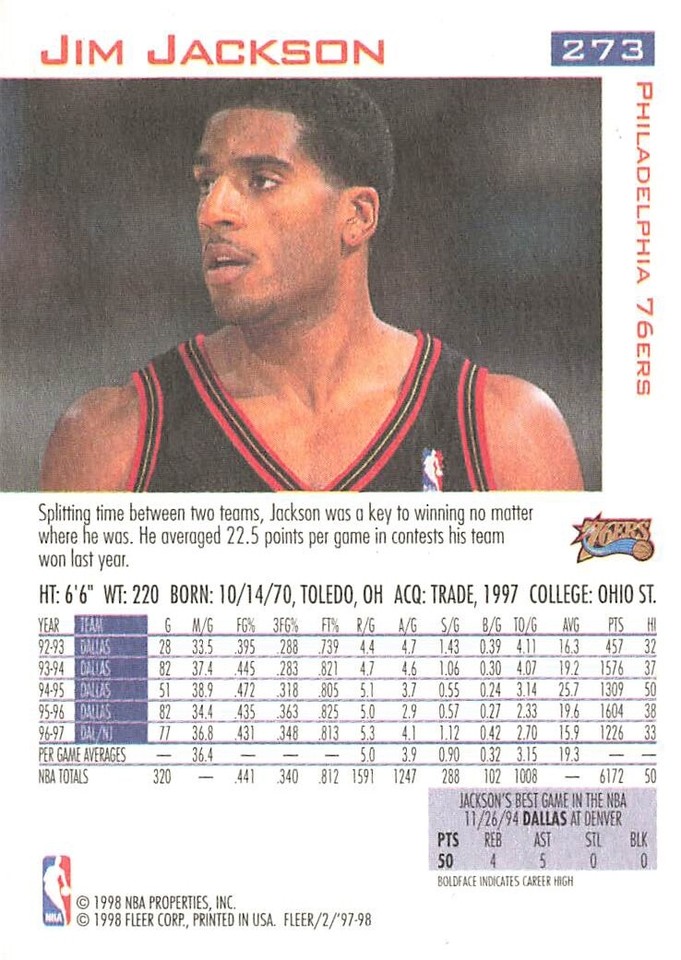 1997 Fleer #273 Jim Jackson Philadelphia 76ers | eBay