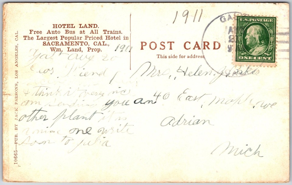 Sacramento California CA, 1911 Hotel Land, William Land Prop. Vintage ...