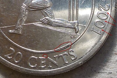 2001 20c.Bradman.Error/Variety.Rev.Cuds+Die Crack.UNC.20 cent coin ...