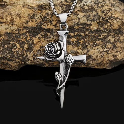 Silver Rose Cross Pendant Necklace Catholic Christian Jewelry Box Chain ...