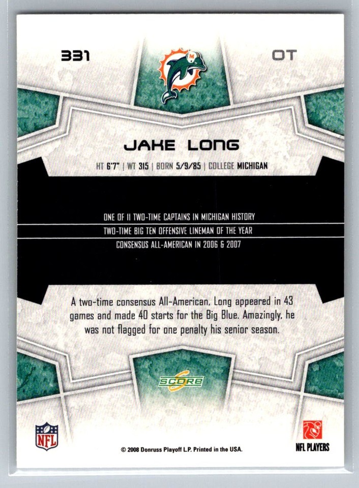 2008 Score Rookie RC #331 Jake Long Miami Dolphins Football Card | eBay