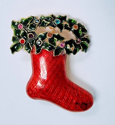 Red Enamel Christmas Stocking & Holly Berry Rhinestones Brooch Pin | eBay