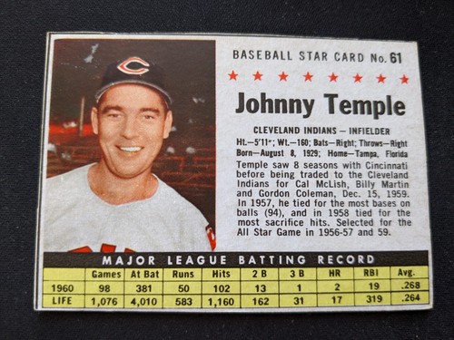 1961 Post Cereal Baseball Card # 61 Johnny Temple - Cleveland Indians ...