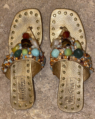 Bridget Shuster RARE Gold Leather Sandals Studded & Jeweled with Stones ...