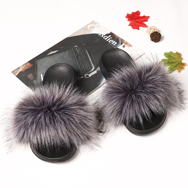 Fuzzy Fluffy Faux Fur Slides Slippers Flat Soft Sandals Open Toe Slip ...