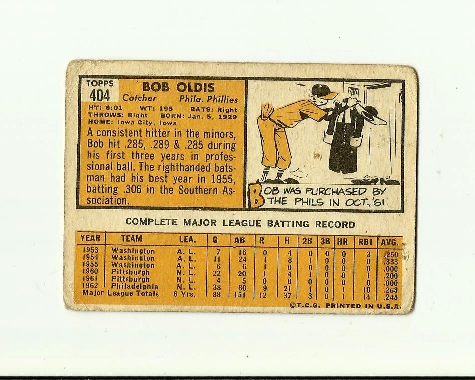 1963 TOPPS #404 Bob Oldis: Philadelphia Phillies: Catcher: Baseball ...