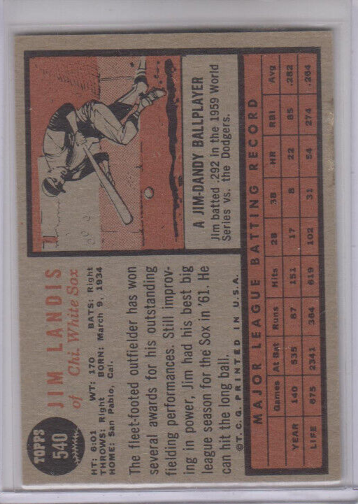 1962 Topps Baseball #540 Jim Landis WHITE SOX NM HIGH # SP | eBay