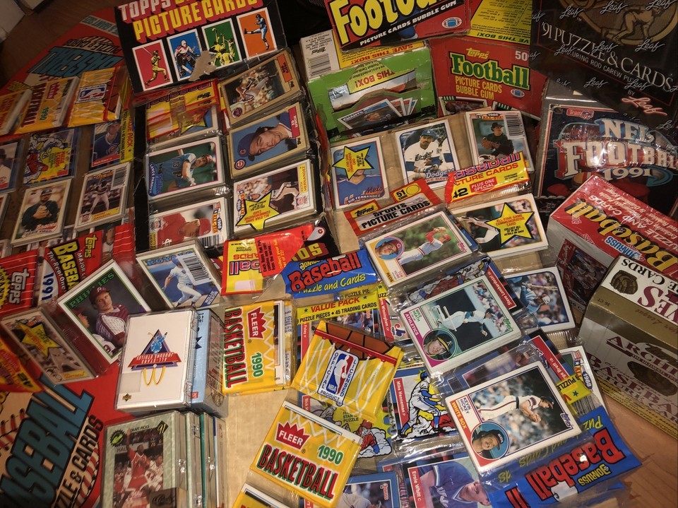 Huge Lot of Unopened Old Vintage Sports Cards in 15 Wax foil cello rack ...