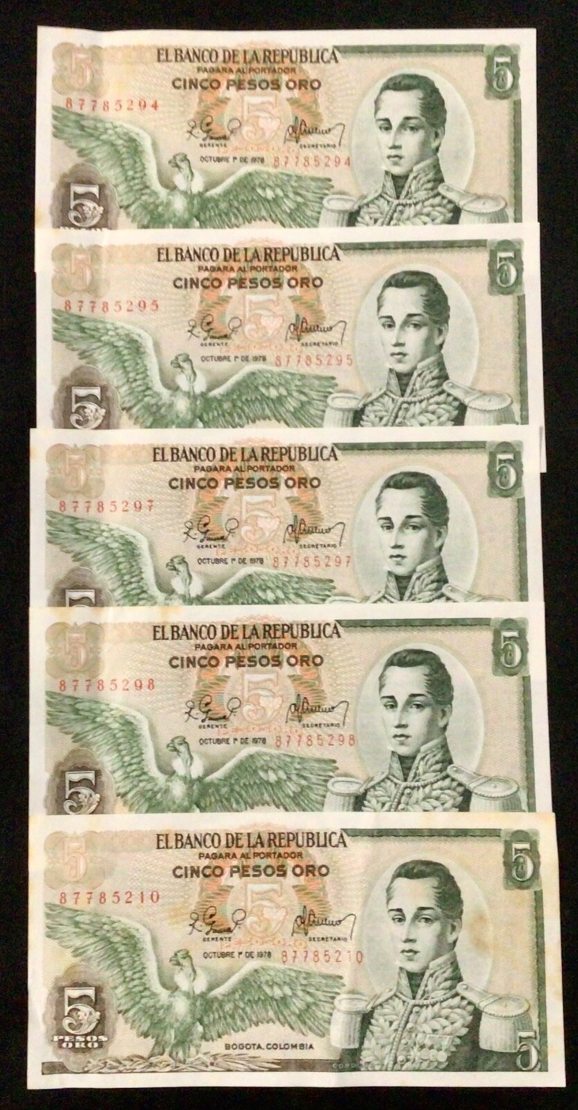 1978 COLOMBIA PAPER MONEY - 5 PESOS ORO LOT OF 5 BANKNOTES! | eBay