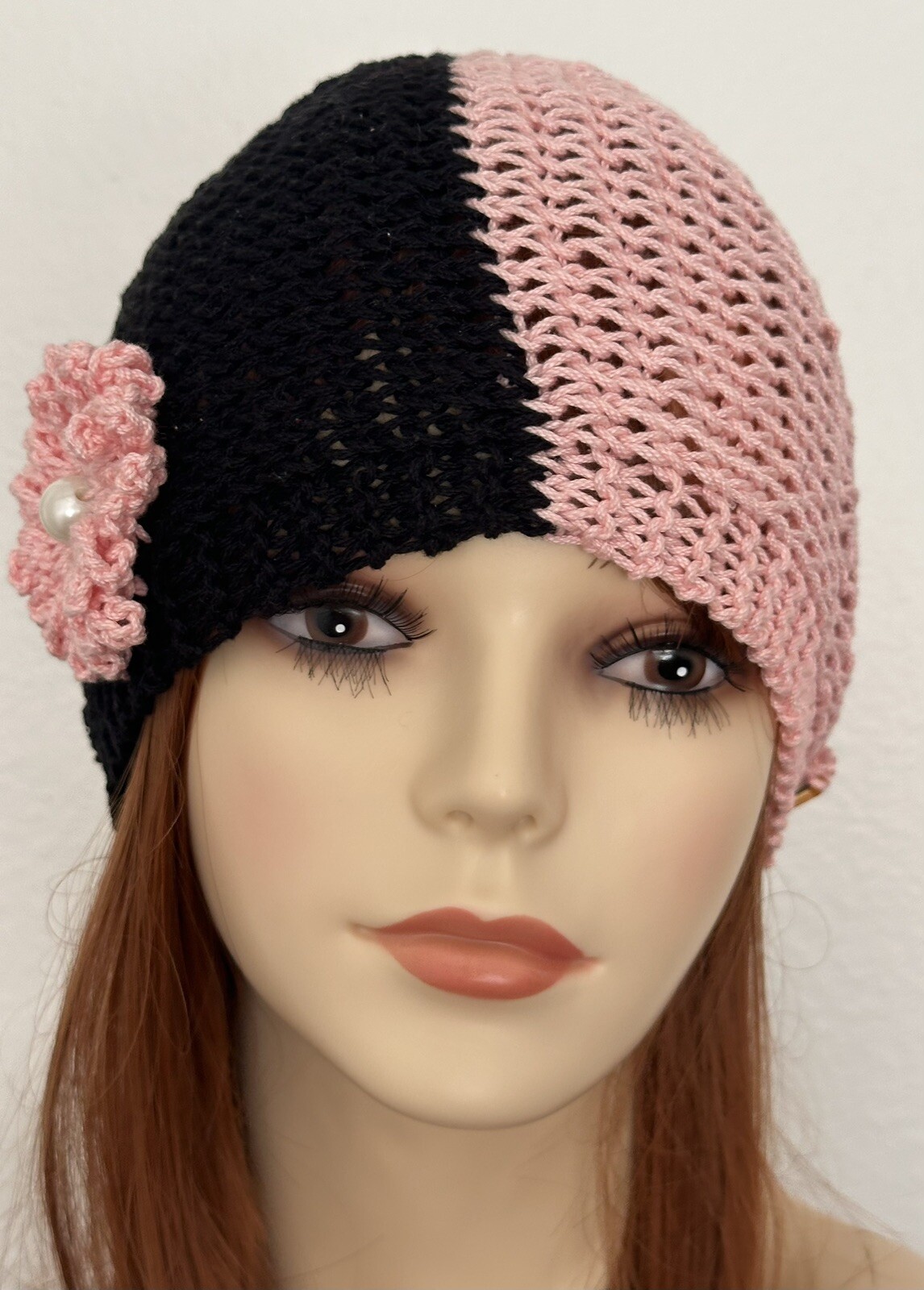 Hand Knits 2 Love Headband Bandana Headwrap Two Tone Pink Black Flower Hand Knits 2 Love Headband Bandana Headwrap Two Tone Pink Black Flower