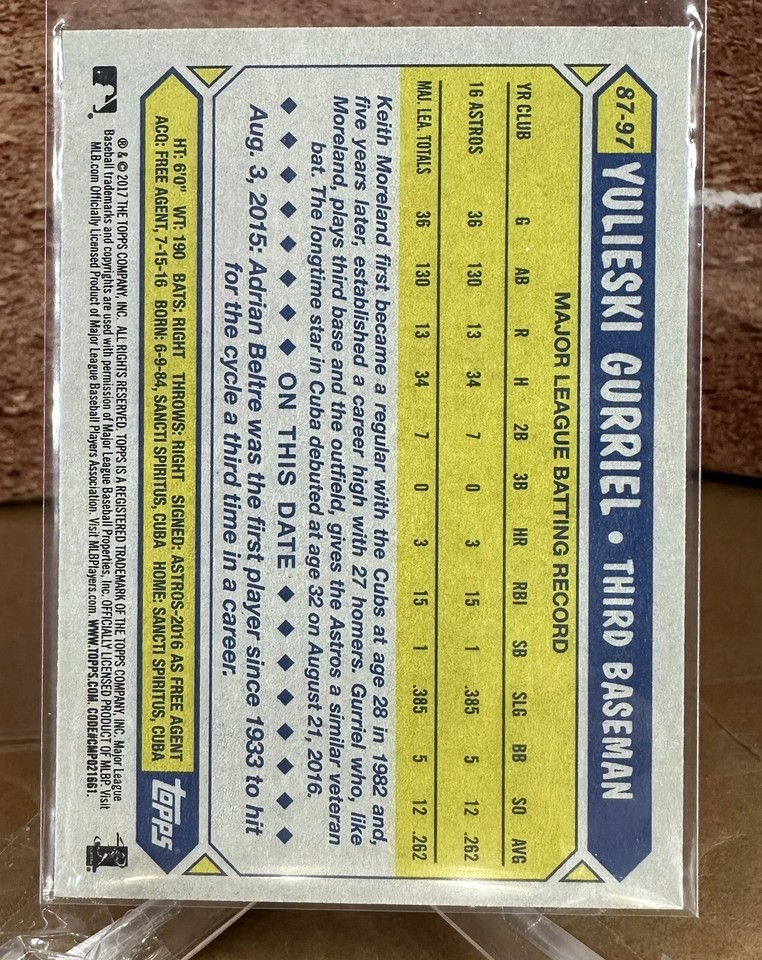 2017 Topps Series 1 ‘87 Baseball - Yulieski Gurriel - Rookie - Astros ...