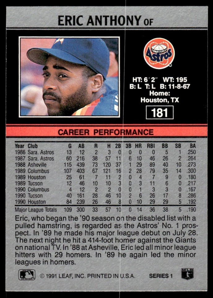 1991 Leaf Baseball Card Eric Anthony Houston Astros #181 | eBay