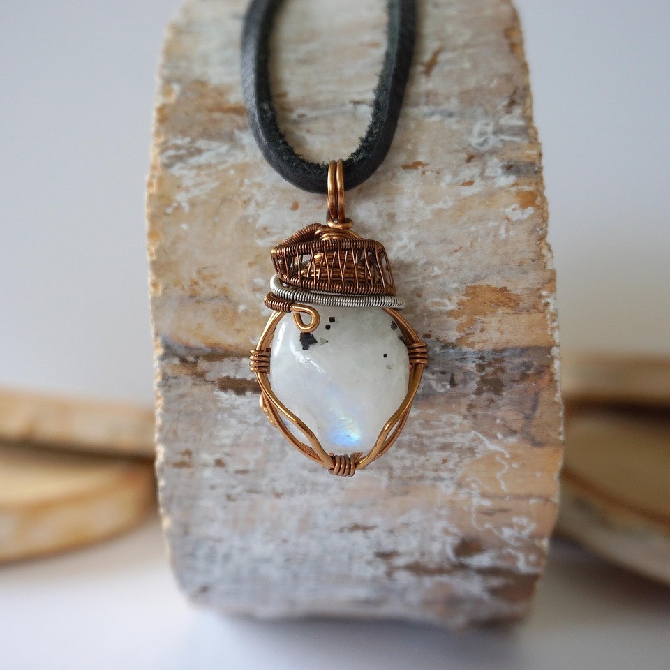 Moonstone Wire Wrapped Pendant, Copper Crystal Necklace, With 24 Inch ...