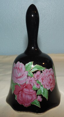 Vintage Black Porcelain Glass Bell with Roses Floral Design and Ruffled ...