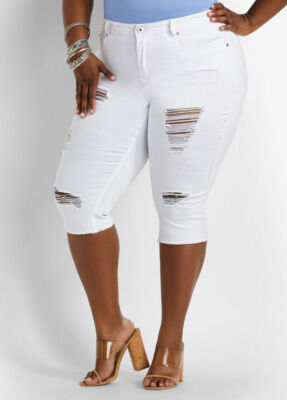 Ashley Stewart DESTRUCTED FRAYED HEM DENIM CAPRIS White Size 30 #034 ...