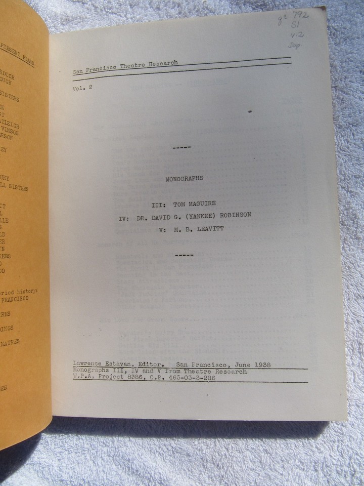 1938 SAN FRANCISCO THEATRE RESEARCH Vol 2 III-V Tom Maguire Yankee ...