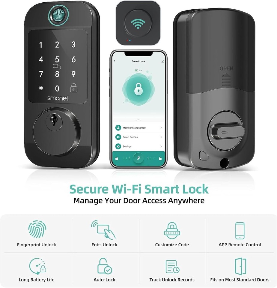 SMONET Fingerprint Smart Door Lock WiFi Keyless Entry Electronic Keypad ...