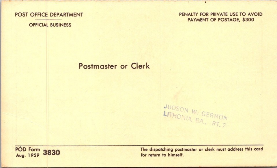 GOLDPATH: US POST OFFICE NOTICE 1962, ATL. ROCK & BIRM, R.P.O. CV782 ...