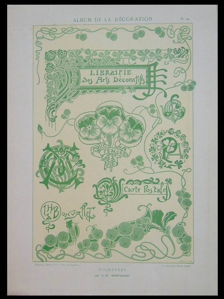 FRENCH ART NOUVEAU ORNAMENTS - 1898 PRINT- BONVALLET, TYPEFACES ...