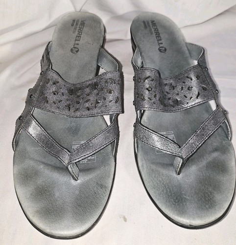 Merrell Sandals Women's 11 Thong Slides Black Gray With Cutouts 2" Heel ...