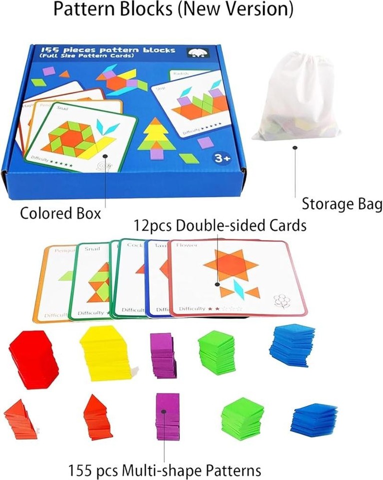 155 PCS Wooden Pattern Blocks Set, 24 Double-Sided Design Cards(48 ...