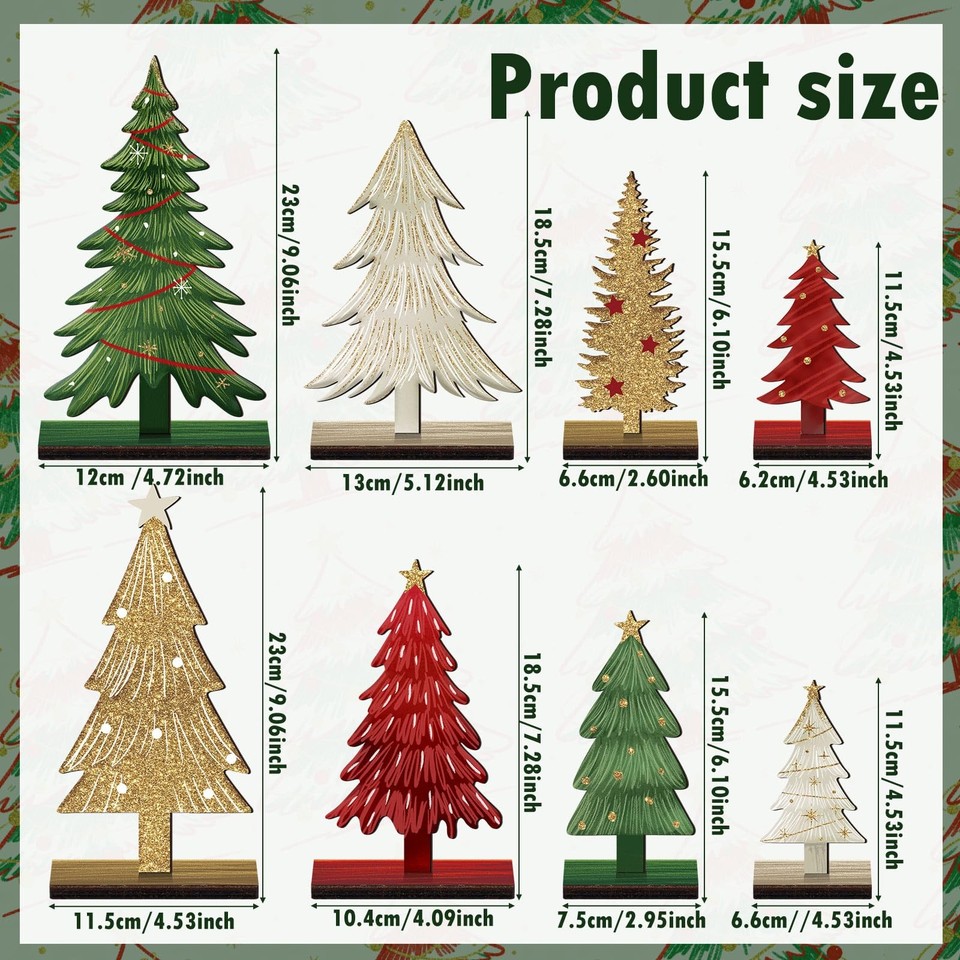 8 Pcs Wooden Christmas Trees Glitter Lime Green and Red Christmas Tree ...