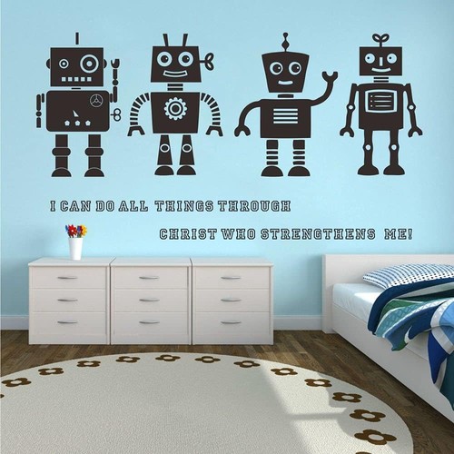 Robot Wall Sticker - Removable PVC Decal with 4 Cute Robots and Black ...