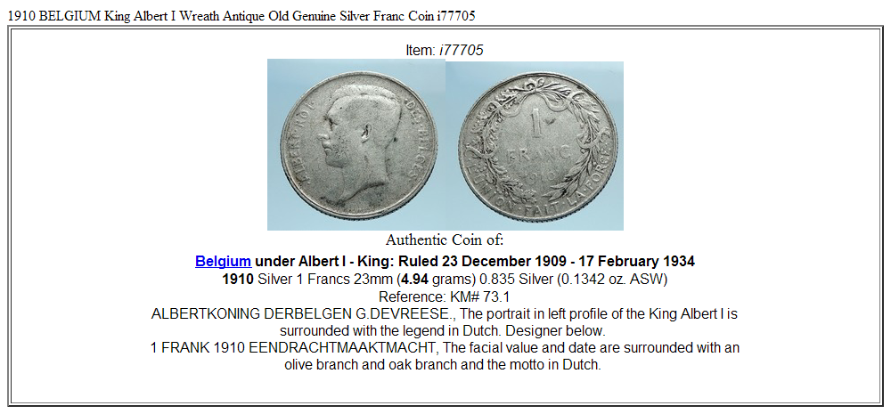 1910 BELGIUM King Albert I Wreath Antique Old Genuine Silver Franc Coin ...