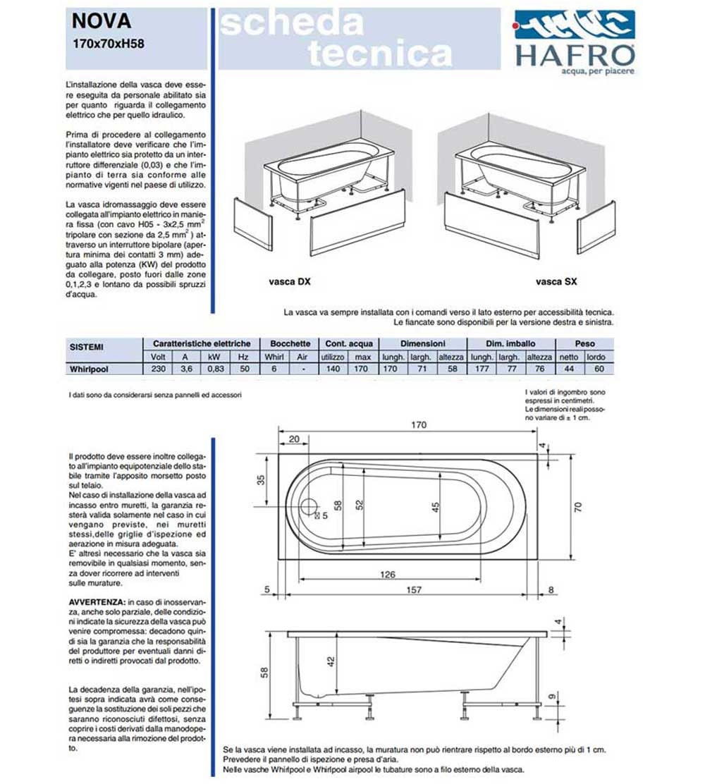 VASCA IDROMASSAGGIO HAFRO NOVA 170X70 160X70 CON PANNELLO WHIRLPOOL ...