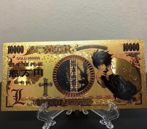 24k Gold Foil Plated “L” Lawliet Death Note Banknote Anime Collectible ...