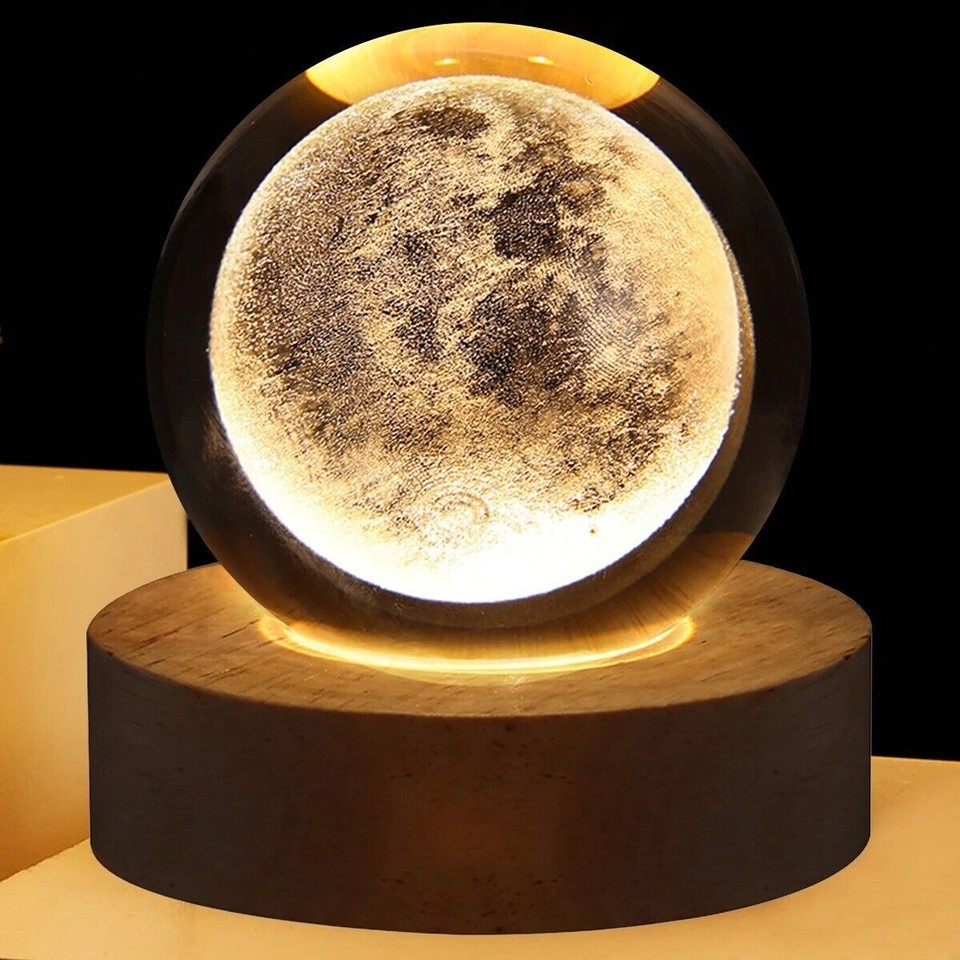 3D Crystal Galaxy Moon Planet Ball with Base Table Lamp USB LED Night ...
